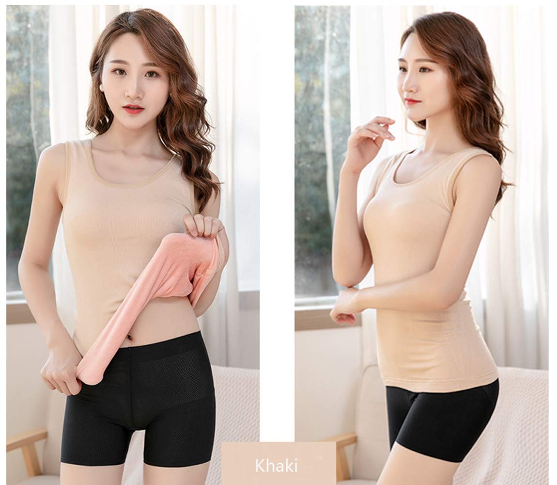 Flenwgo Womens Cotton Thermal Fleece Lined Underwear Tops Cami Tank Top Warm Base Layer Vest Khaki L/(Fit 120~145 lb)
