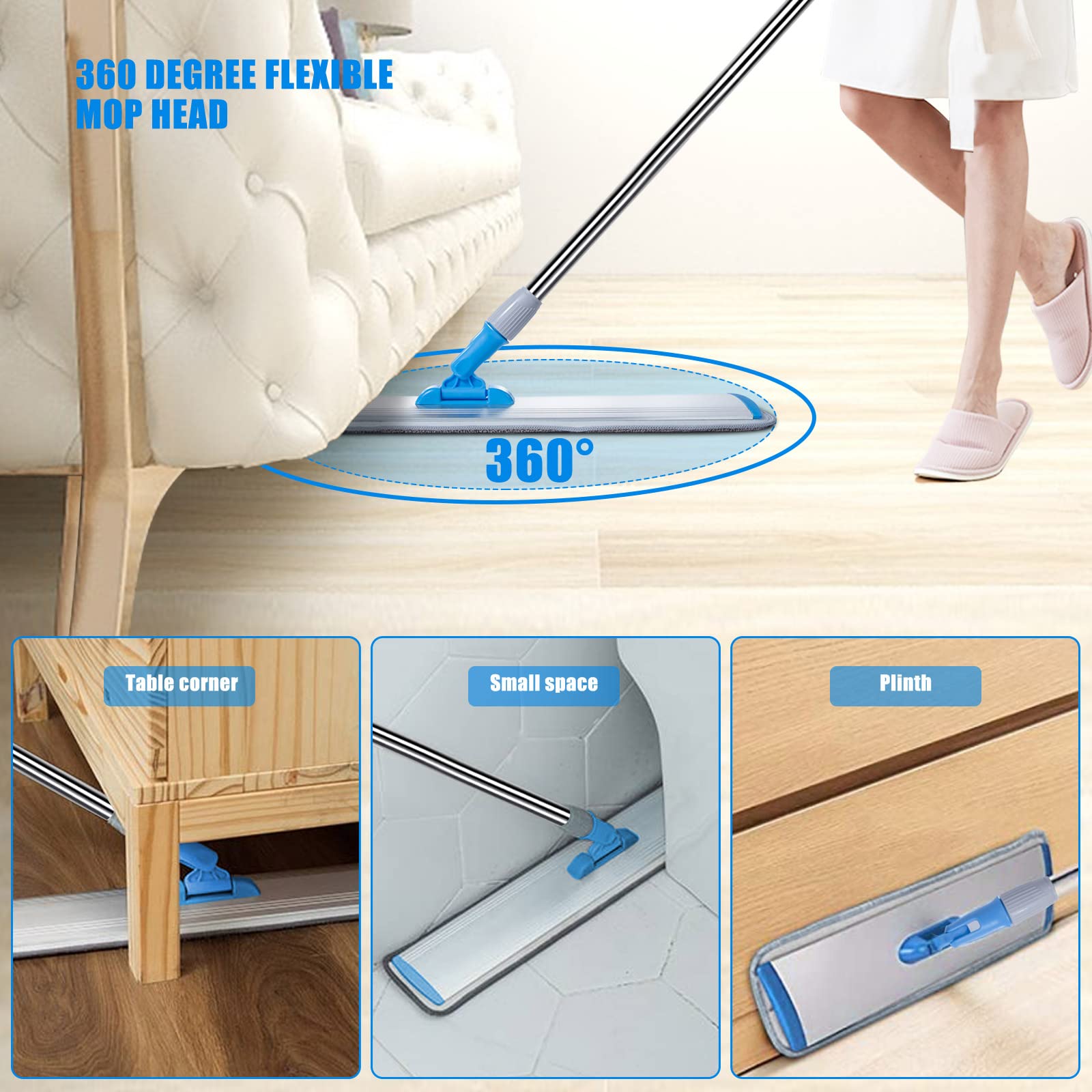 Masthome Commercial Wet Mop 24'' Large Microfiber Mop,Aluminum Flat Mop with Adjustable Stainless Steel for Wet and Dust Cleaning Heavy Duty Floor Mop with 5 Mop Pads and 1 Cleaning Scraper