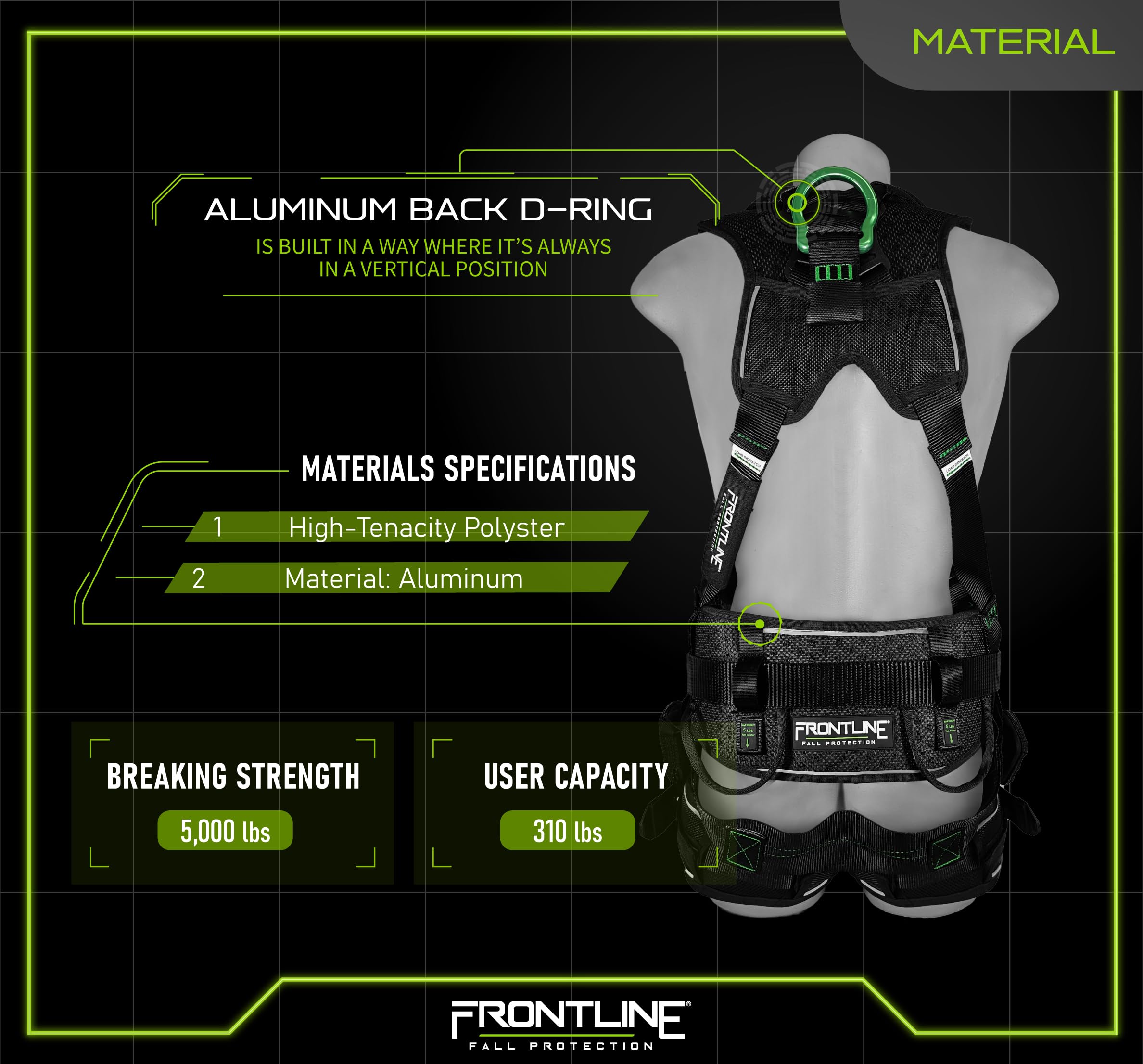 FRONTLINE FALL PROTECTION 250CTB Elite™ Construction Harness | Aluminum Hardware | Suspension Trauma Straps | Reflective Trim| Perforated Pads| OSHA&ANSI (Size:M/L)