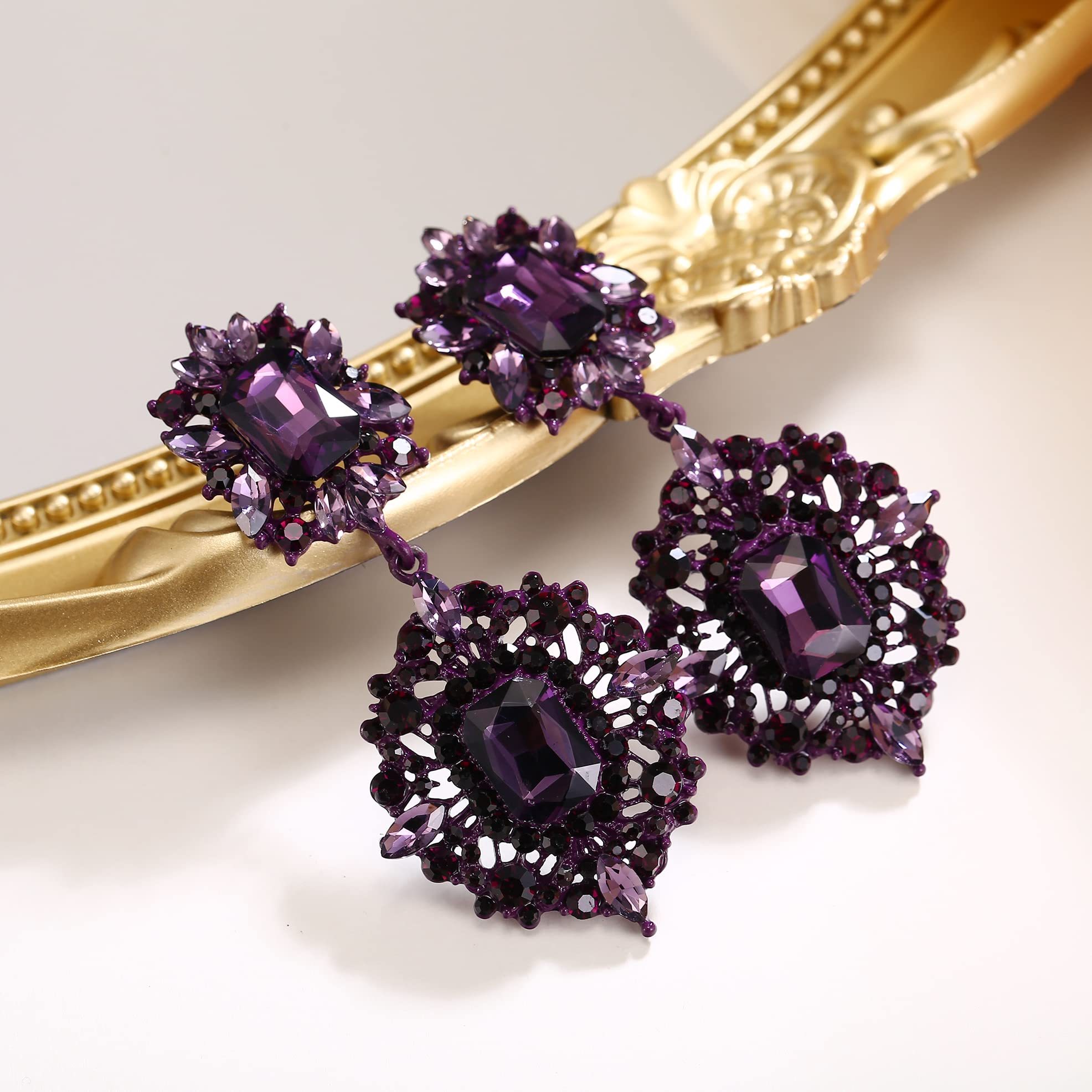 Flyonce Women's Rhinestone Crystal Art Deco Vintage Style Gatsby Clip-on Dangle Chandelier Earrings Purple