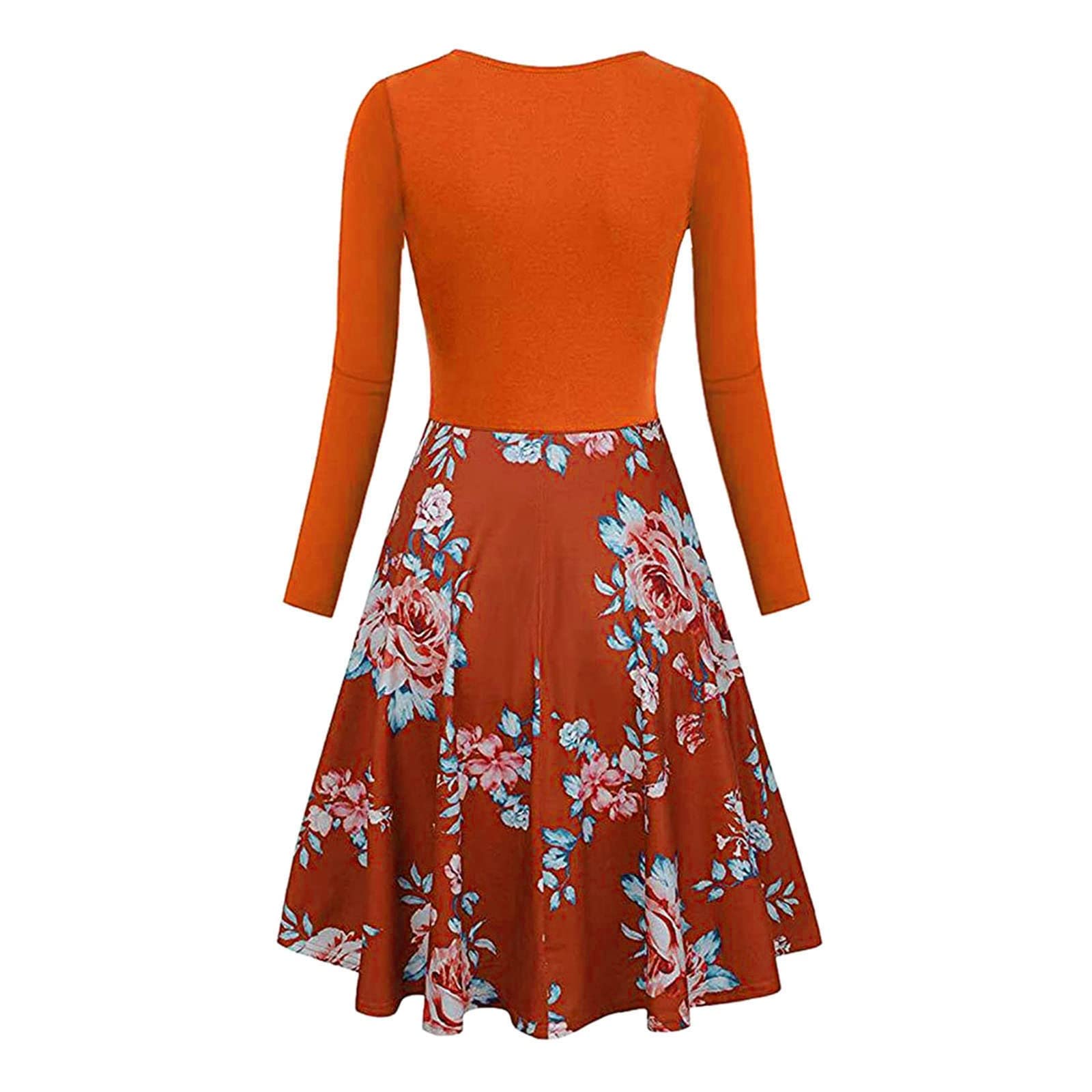 Floral Patterned A-Line Dress Womens Casual Pleated Midi Dress Deep V Neck Ruched Long Sleeve Swing Dress Red