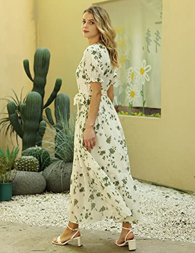 YESNO Women's 2023 Summer Casual Square Neck Floral Dress Ruffle Puff Short Sleeve Belted Maxi Dress with Pockets L E16 CR355