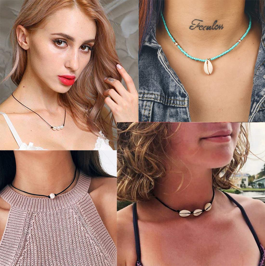FUNEIA 8PCS Shell Choker Necklaces for Women Puka Shell Necklace Pearl Necklace Bohemian Beaded Necklaces Set Adjustable