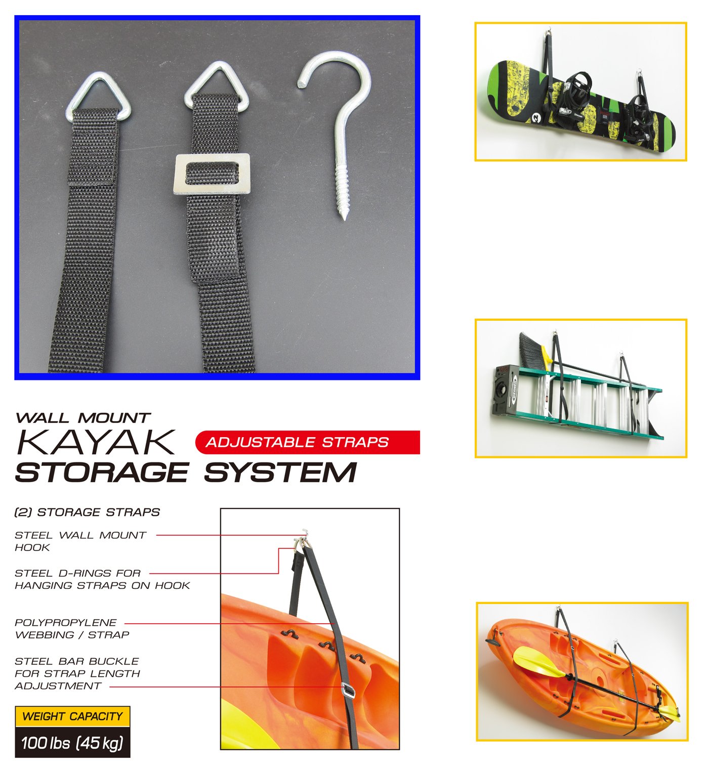 FITOOL Kayak Storage System, Canoes Wall Rack Holders, Adjustable Storage Straps Garage Hangers, 100LBS(45KGS) Weight Capacity, Skiing Board, Ladder, Canoes, Kayak Wall Mount Storage System