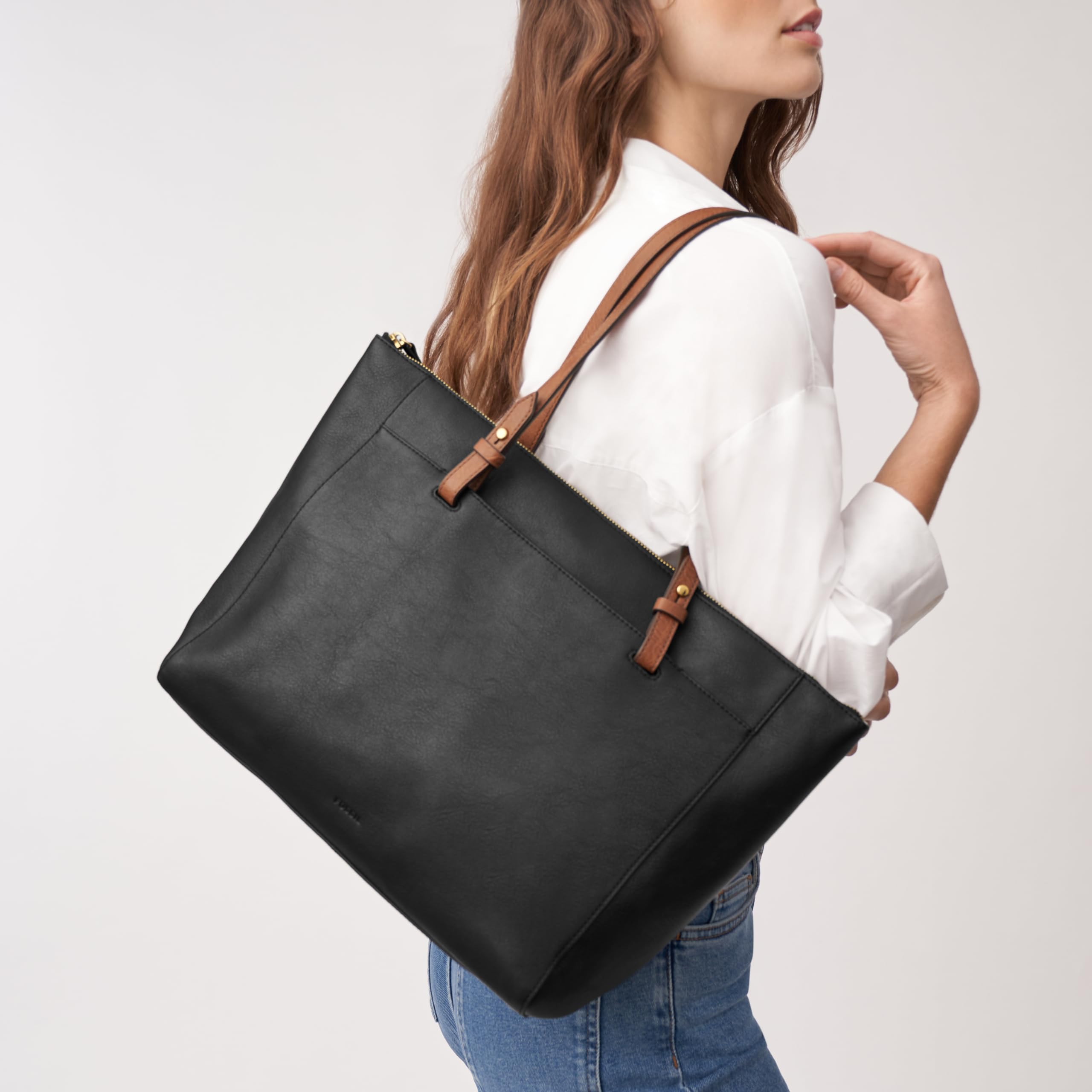 Fossil Women's Rachel Faux Leather Tote Bag Purse Handbag, Black Key Stripe (Model: ZB7991080)