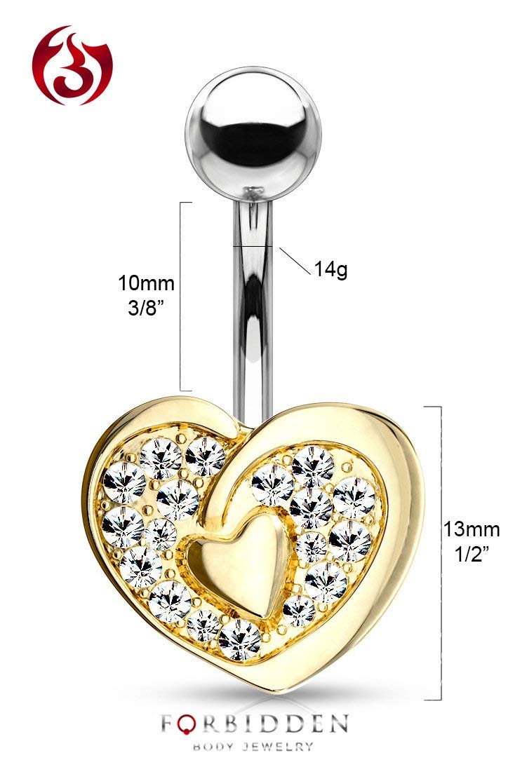 Forbidden Body Jewelry Surgical Steel Fancy Pave CZ Double Heart Belly Button Ring, Gold Tone