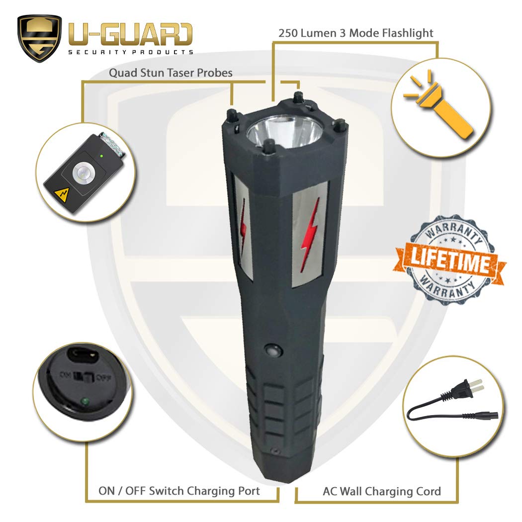 Flashlight Stun Gun Hot Pepper Spray Self Defense Weapons Set High Volt Rechargeable Mini Police Sun Gun Combo With Cree LED Bulb. Best OC Pepper Spray Self-Defense Keychain Security For Women Or Men.