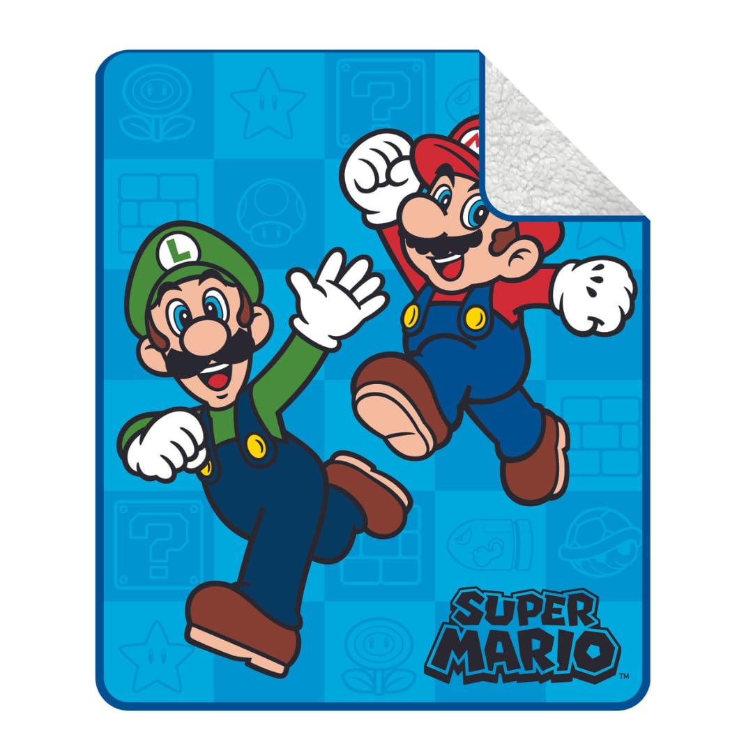 Franco Super Mario Kids Bedding Soft Plush Sherpa Blanket Throw, 46 in x 60 in, (Officially Licensed Product)