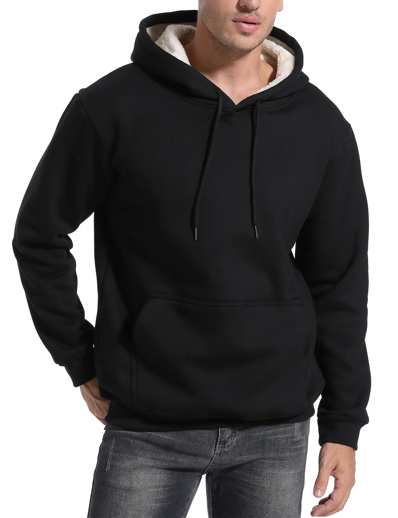 Flygo Men's Casual Fleece Sherpa Lined Hoodie Winter Warm Pullover Hooded Sweatshirt(Black-XL)