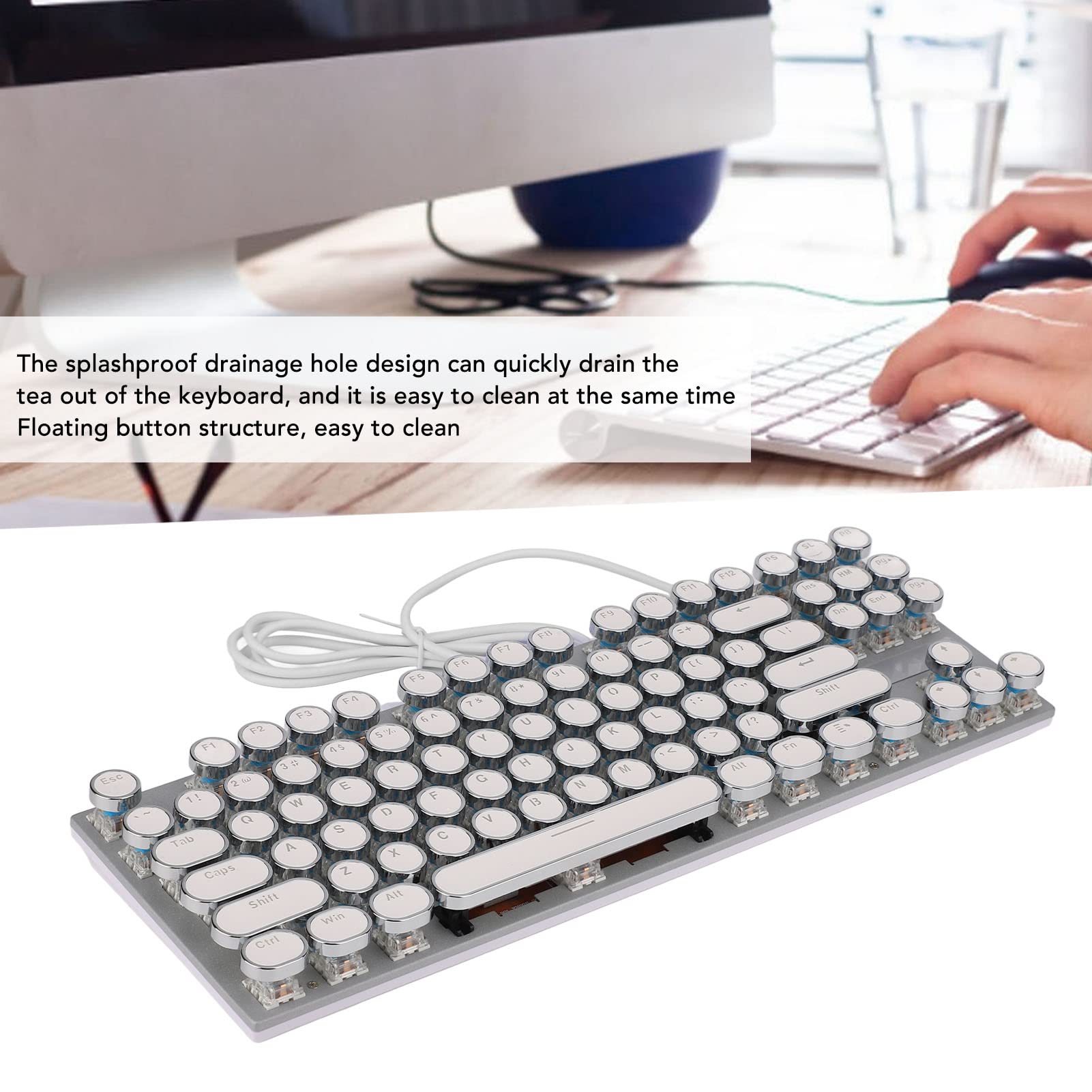 Mechanical Gaming Keyboard, 26 RGB Gaming Keyboard, 87 Keys Color Light Blue Switch USB Wired Keyboard, Waterproof Color Matching for PC(White Electroplating Punk)