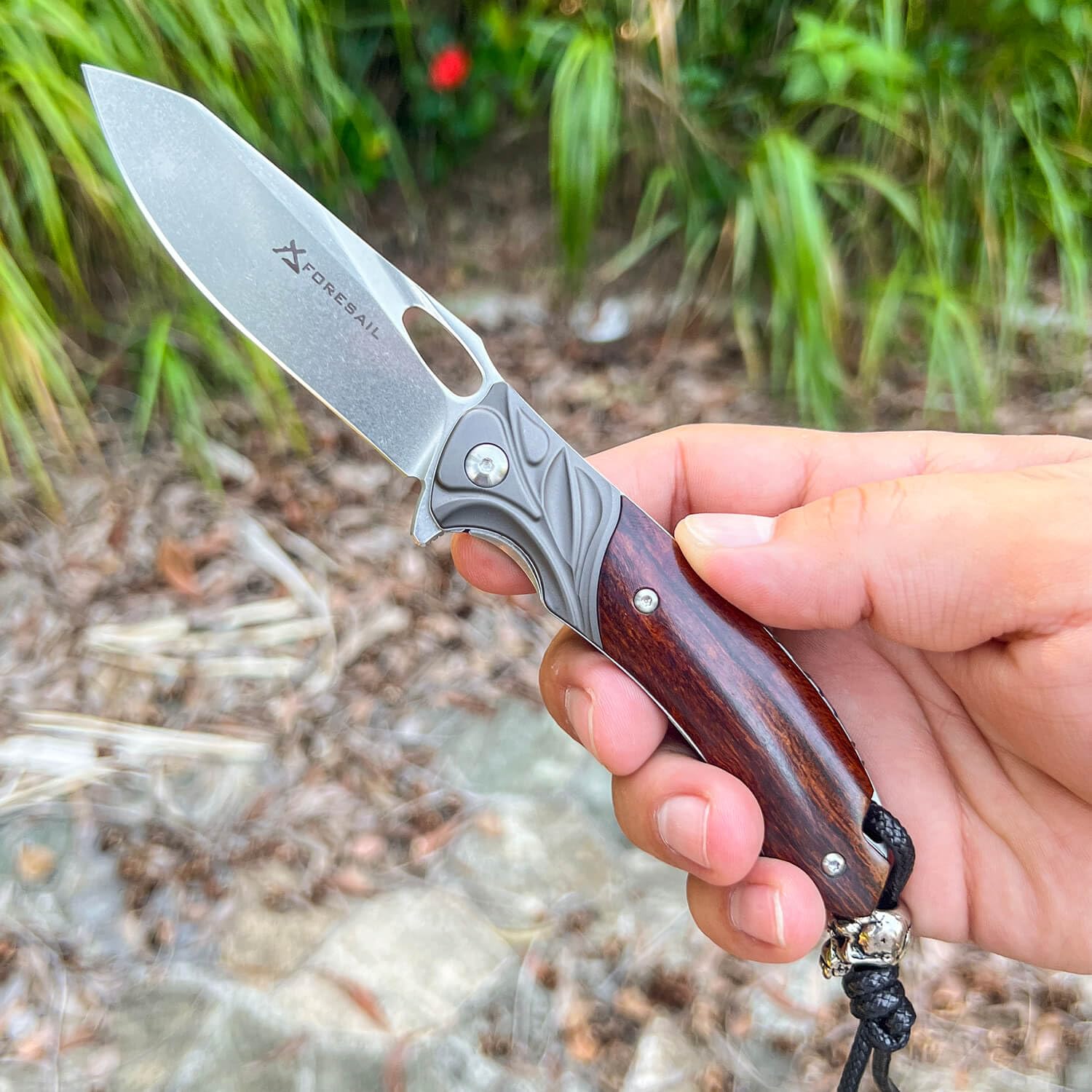 FORESAIL Folding Pocket Knife, 3.26" M390 Steel Blade Desert Ironwood Handle Small EDC Knife with Pocket Clip and leather case,Camping Survival Hiking Tool (Raffir Handle)