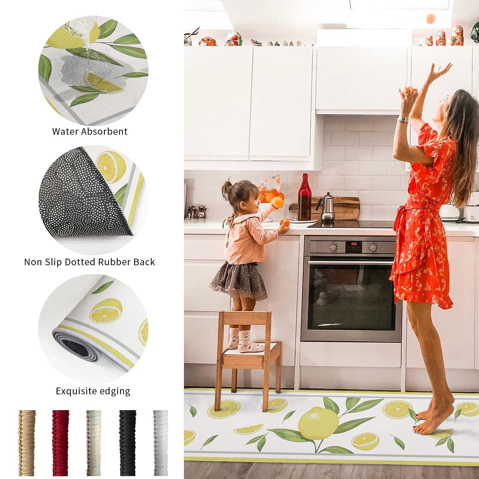 Kitchen Mat 2PCS Summer Yellow Lemon with Green Leaves Yellow Border Kitchen Rugs Kitchen Organization, Anti-Fatigue Kitchen Floor Mats Non-Slip Kitchen Decor Runner Rug Room Decor Standing Desk Mats