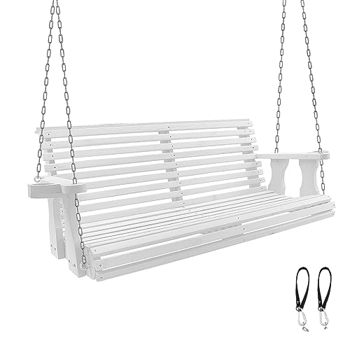Porch Swing Outdoor, 5.5 FT Wooden Hanging Swing Bench with Cupholders and Hanging Chains Adults Heavy Duty 800lbs Capacity for Front Porch Garden Deck Patio Backyard Balcony