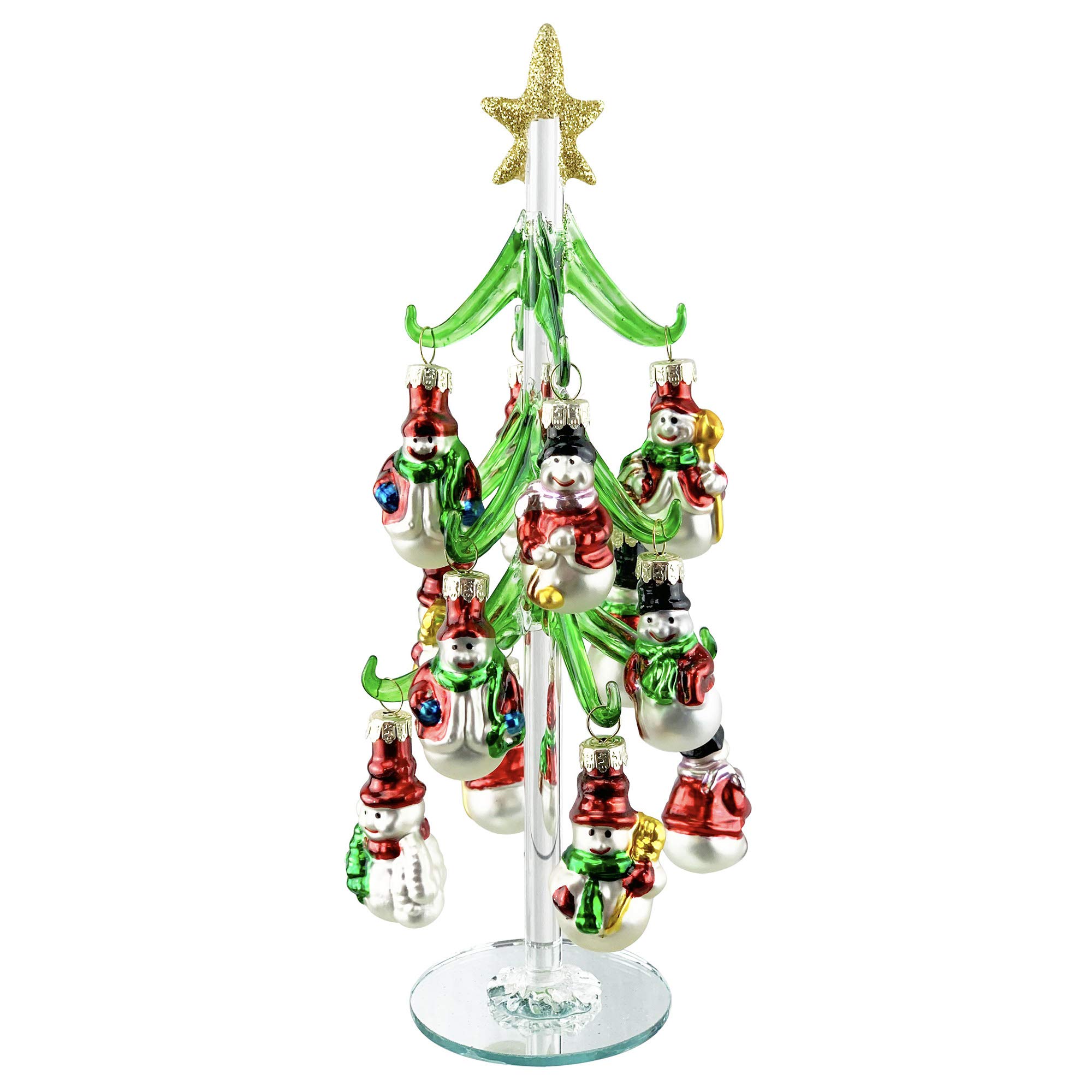 Festive Red and Green Christmas Tree Snowmen Glass 10 inch Decorative Tabletop Figurine