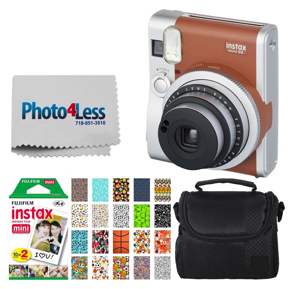 Fujifilm INSTAX Mini 90 Neo Classic Instant Camera (Brown) + Fujifilm Instax Mini Instant Film (20 Exposures) + Compact Camera Case + Sticker Frames Sports Package + Photo4Less Cleaning Cloth