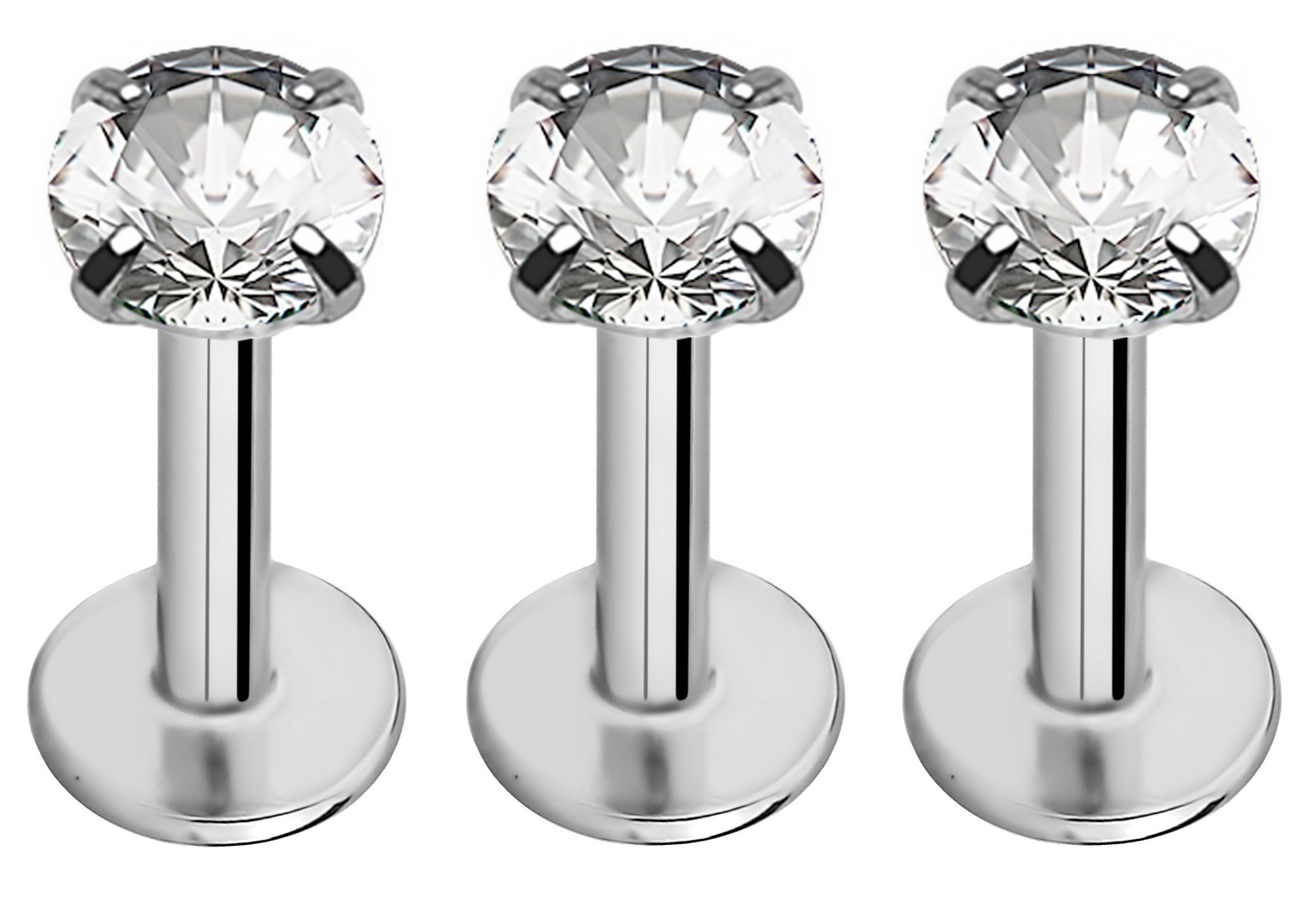 Forbidden Body Jewelry 16G Surgical Steel Labret/Cartilage/Helix/Tragus/Lip Rings, Internally Threaded Earring Studs Piercing Jewelry (3mm CZ Top)
