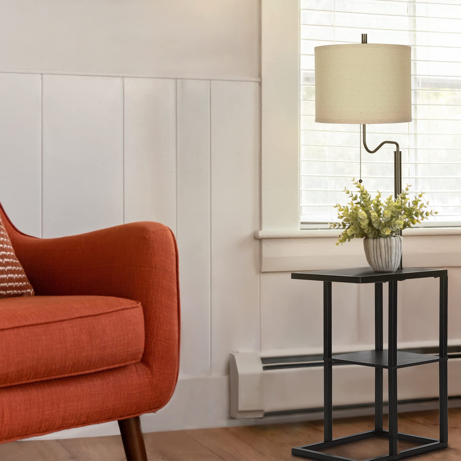 Floor Lamp with Side Table - USB Charging Port, Power Outlet, Modern Bedside Nightstand Lighting, Dark Grey Attached Side Table with Shelves for Living Room, Bedroom, Guest Room, Bulb Sold Separately