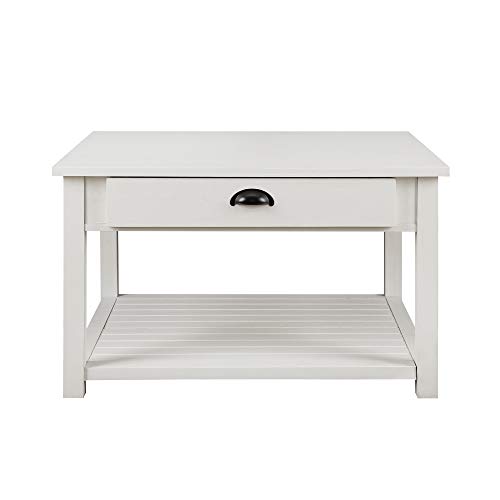 Walker Edison Modern Country Square Coffee Table Living Room Accent Ottoman Storage Shelf, 30 Inch, Brushed White