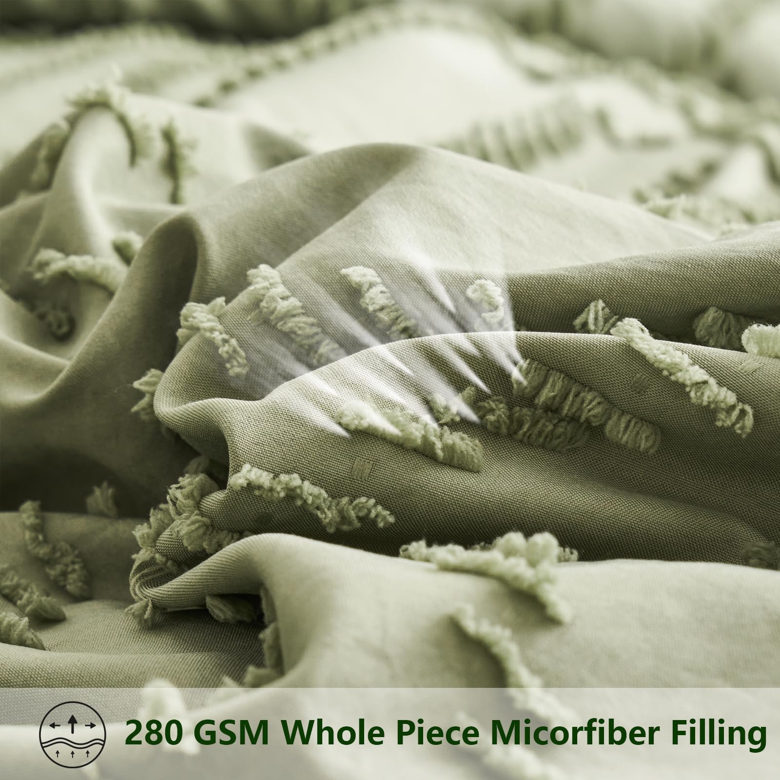 FLYMME Sage Green Queen Comforter Set with Sheets,Tufted Bed in a Bag 7 Pieces, Chevron Boho Shabby Chic Farmhouse Bedding Set,Soft Microfiber Comforter for ALL Season(Sage Green,90”*90”)