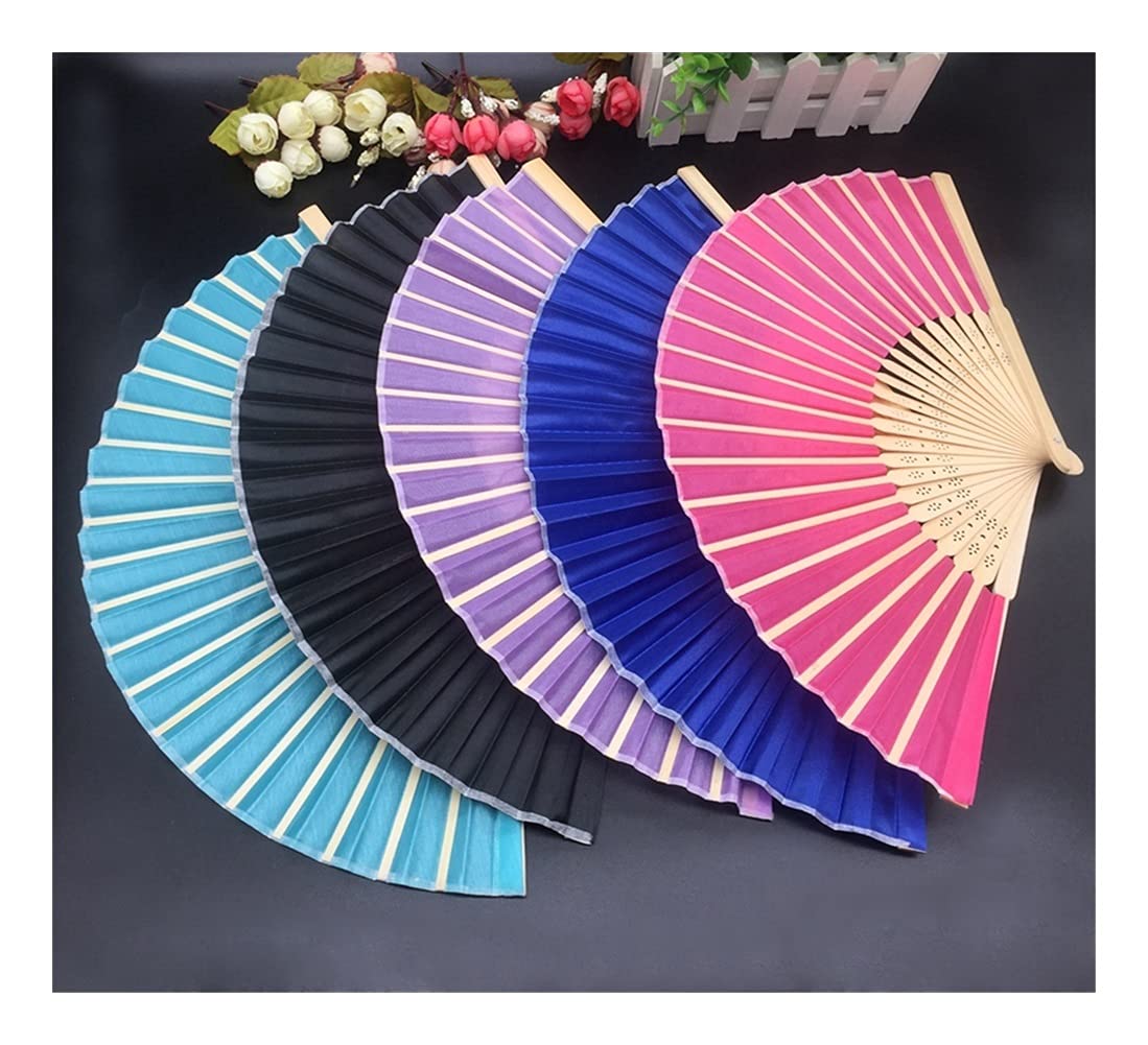Folding Fan 10Pcs Colorful Pattern Folding Dance Wedding Party Lace Silk Folding Hand Held Solid Color Bamboo Fan Fan (Green(23Cm))
