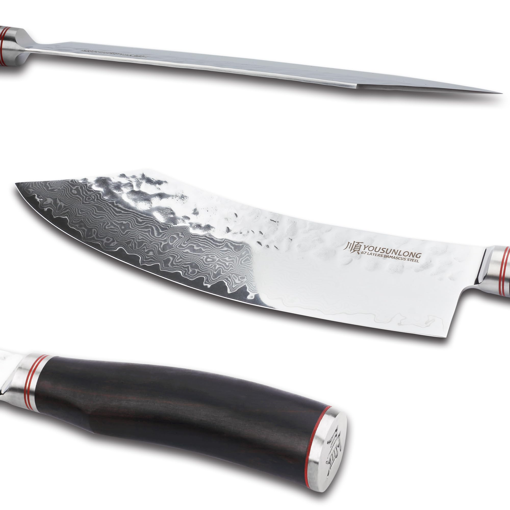 YOUSUNLONG Butcher Knife Pro 10" Cimitar Hybrid Cleaver Japanese Hammered Damascus Steel Razor Sharp - Natural Leadwood Handle
