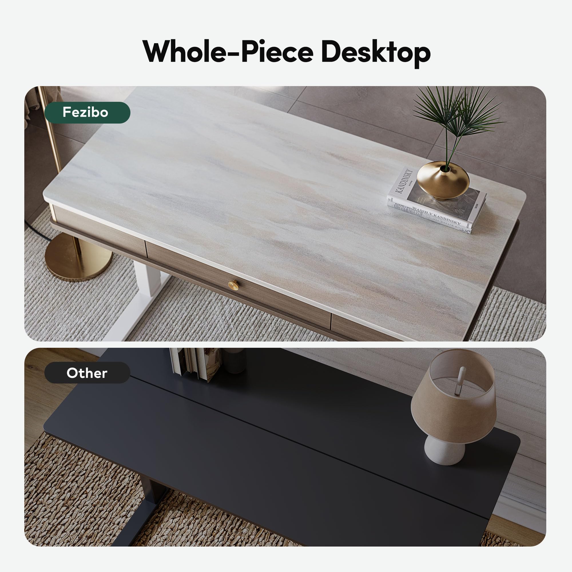 FEZIBO 48X26 Inches Boho Style Height Adjustable Electric Standing Desk with 3 Rattan Drawers, 48X26 Inches Stand up Desk with Large Storage Space, White(2 Packages)