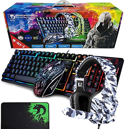 Gaming Keyboard and Mouse Headset Combo,4 in 1, USB Wired 104 Keys Rainbow Gamer Keyboard and 2400 DPI Adjust 3 Color Crack Backlight Mice 3.5 Jack Camouflage Headphones Mousepad for Office Game