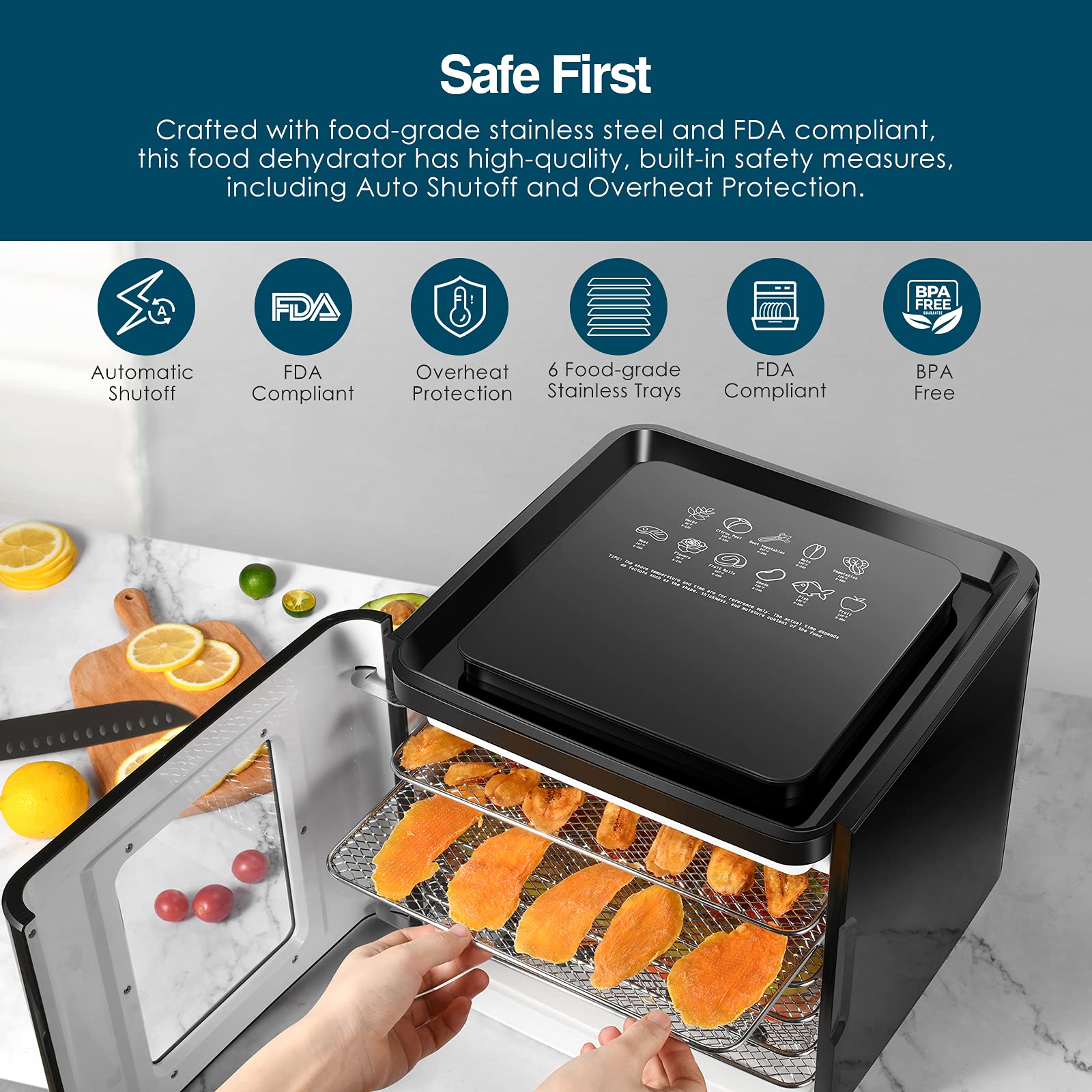 Food Dehydrator Machine-LED Touch Adjustable Digital Timer and Temperature Display Control with 6 Stainless Steel Trays and Recipe,Dryer Machine for Jerky,Meat,Beef,Fruit,Vegetable,Pet Food, Herb