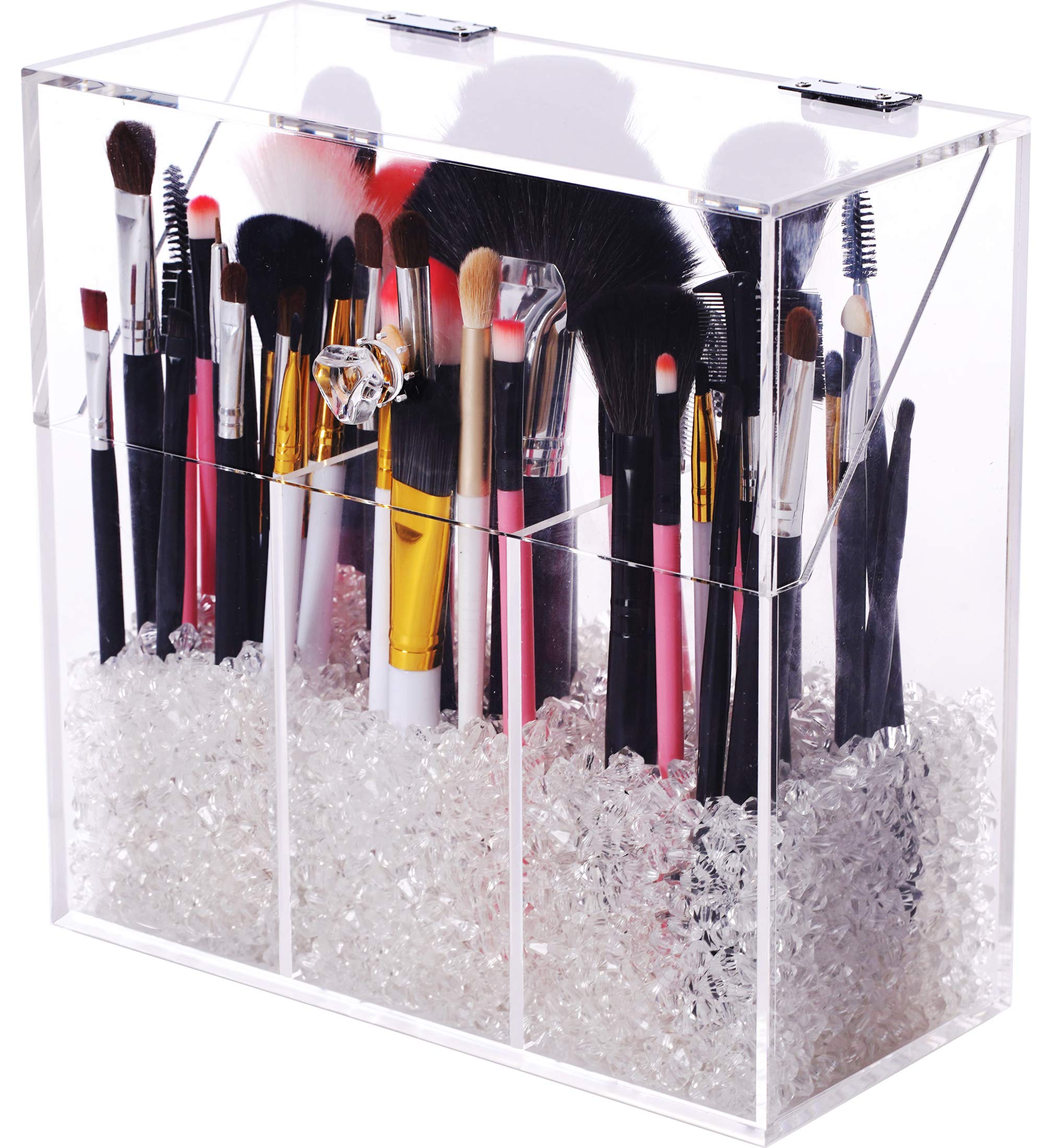 FOOCORDDY Covered Makeup Brush Holder with Dustproof Lid and Pearls Beads, Large Capacity Acrylic Clear Cosmetic Brush Storage Organizer for Vanity