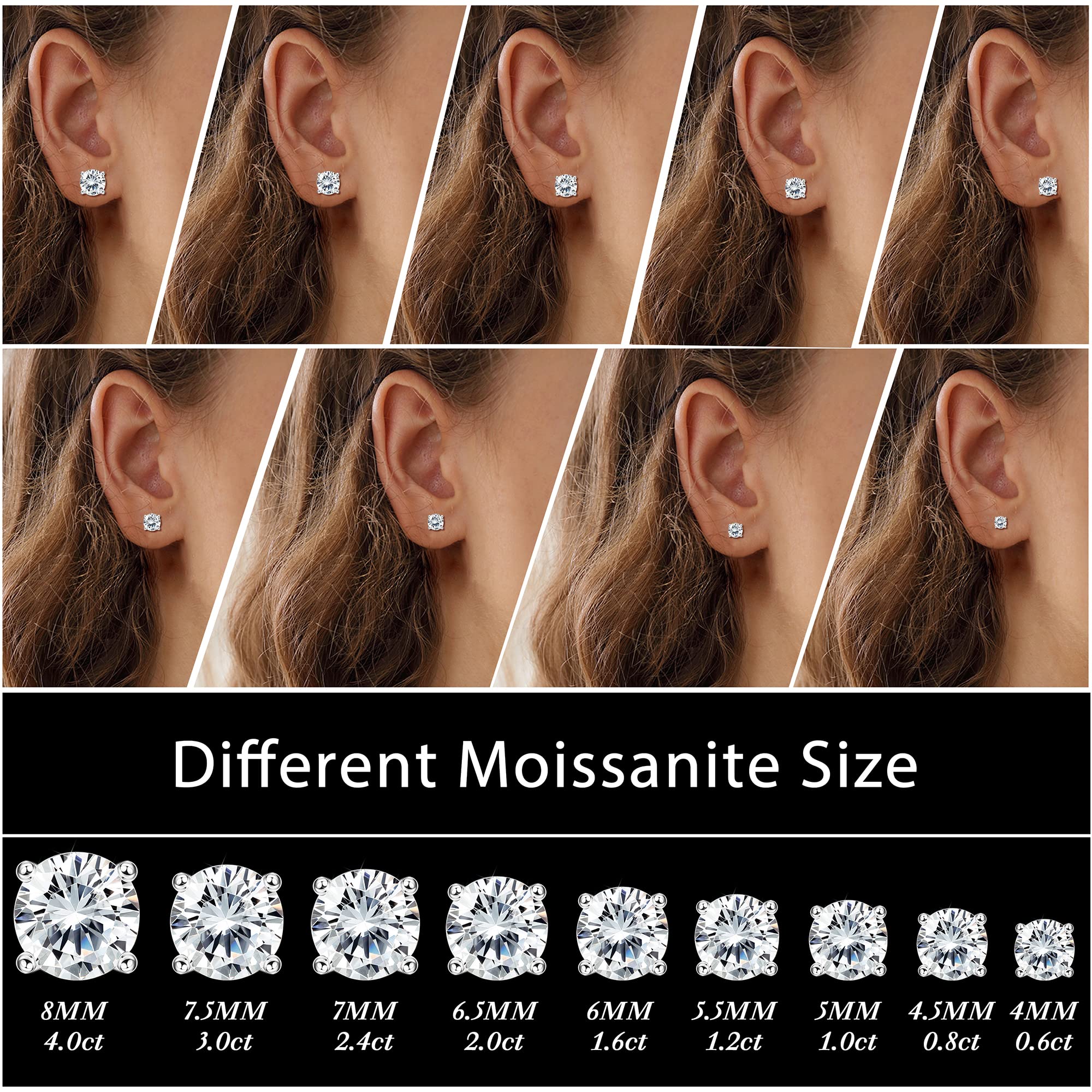 GEMQUEEN Moissanite Stud Earrings Brilliant Round Cut D Color VVS1 Clarity Lab Created Diamond Earrings 18K White Gold Plated Hypoallergenic Sterling Silver Moissanite Stud Earrings with Silicone Back