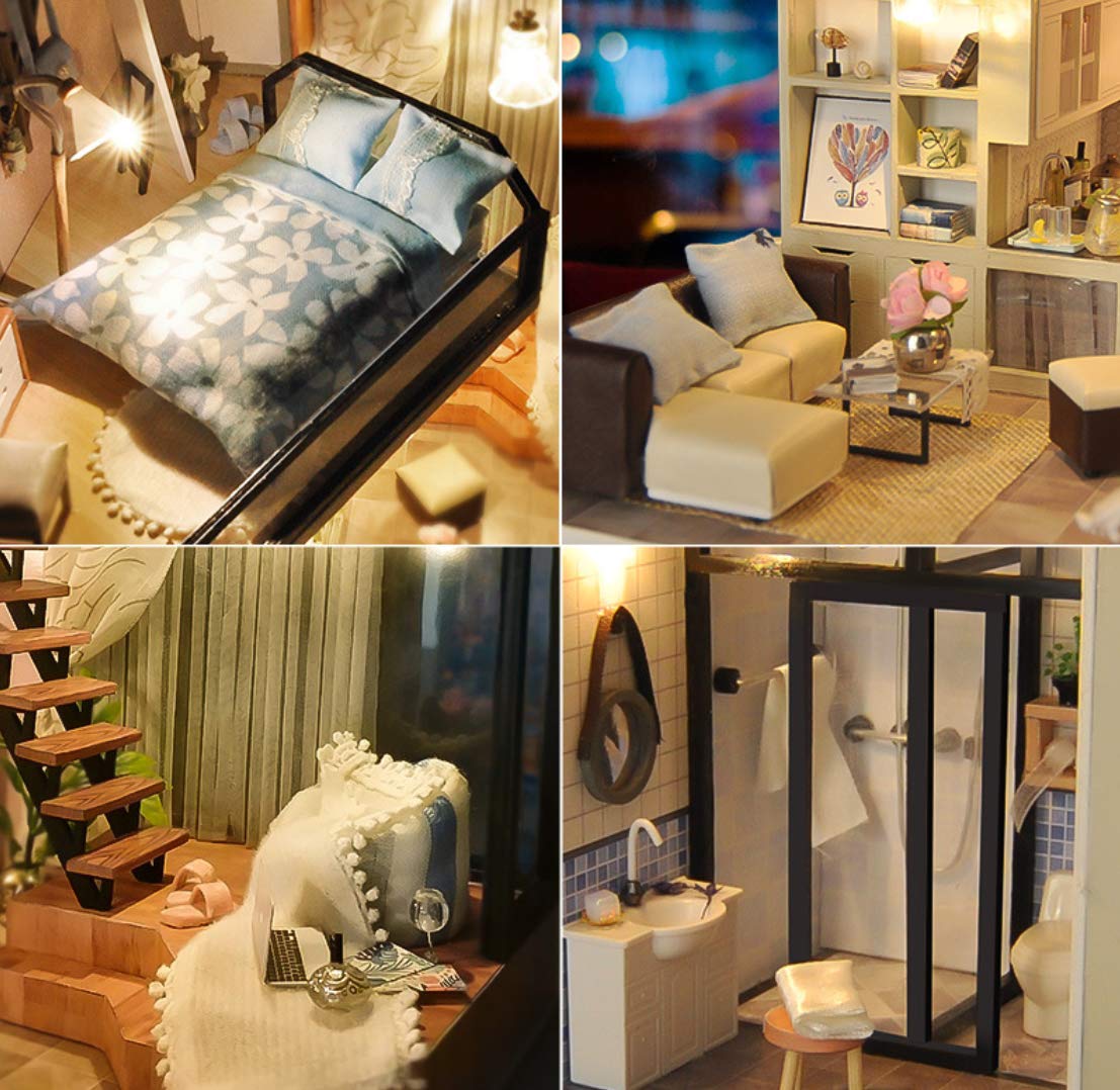 Flever Dollhouse Miniature DIY House Kit Creative Room with Furniture for Romantic Valentine's Gift-Attic Dream