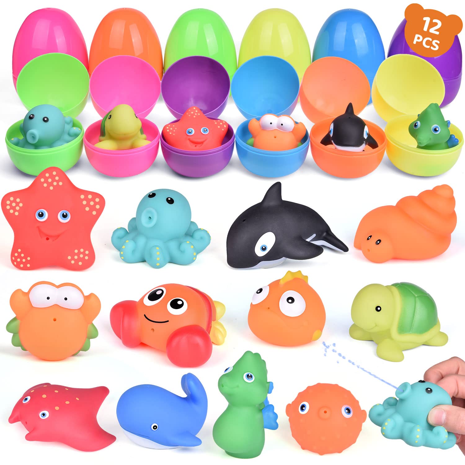 FUN LITTLE TOYS 12PCS Bath Toy Easter Eggs Assorted Sea Animals for Toddlers Easter Basket Stuffers