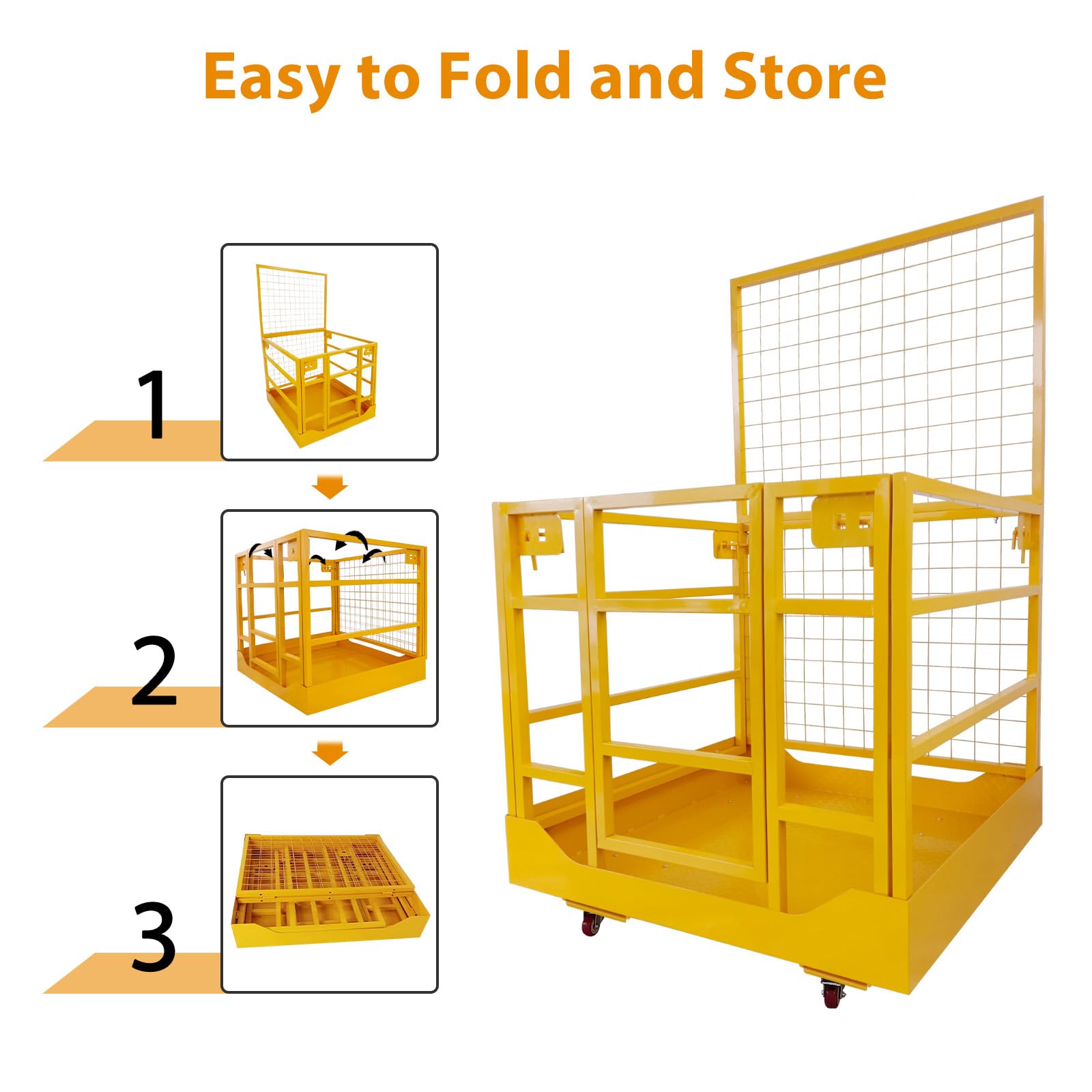 Forklift Safety Cage, 43" x 45" Forklift Basket with Wheel, 1400 lbs Capacity Folding Forklift Work Platform with with Safety Harness, Collapsible Aerial Platform for Lifting Loader