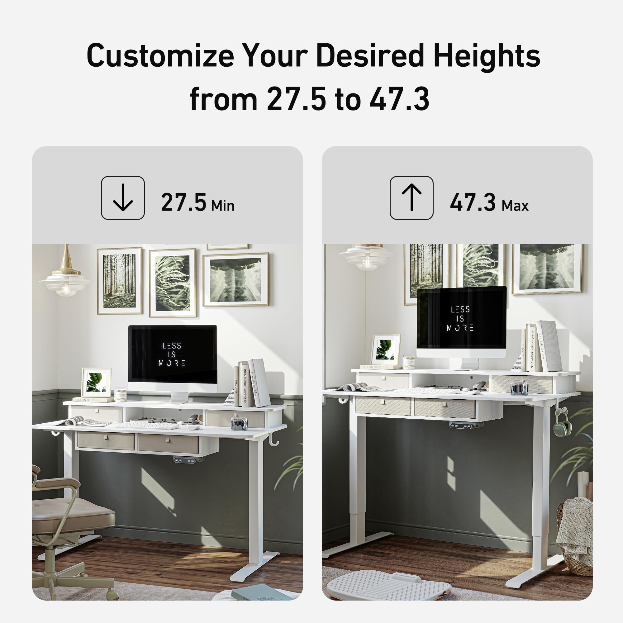 FEZIBO Sturdy Height Adjustable Electric Standing Desk with Drawers, 48 x 24 Inch Stand Up Table with Large Storage Shelf, Sit Stand Desk, White Top