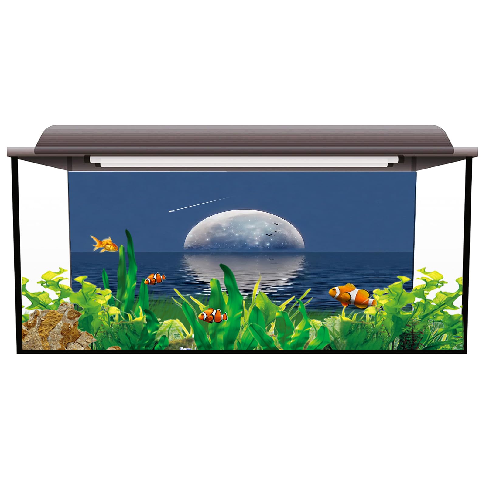 Full Moon Aquarium Background, Durable PVC Adhesive Backdrop Aquarium Poster Fish Tank Backgrounds Decorative Paper 24.4x60.8inch, Blue Ocean Waves Seabirds