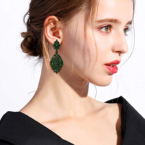 Flyonce Women's Austrian Crystal Party Hollow-out Teardrop Pierced Dangle Earrings Green Black-Tone