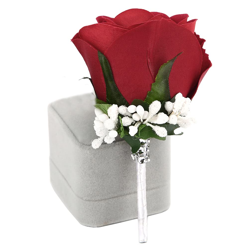 FAYBOX Wedding Prom Velvet Rose Rhinestone Corsage and Boutonniere Set With Silvery Ribbon Stretch Bracelet (Red*2)