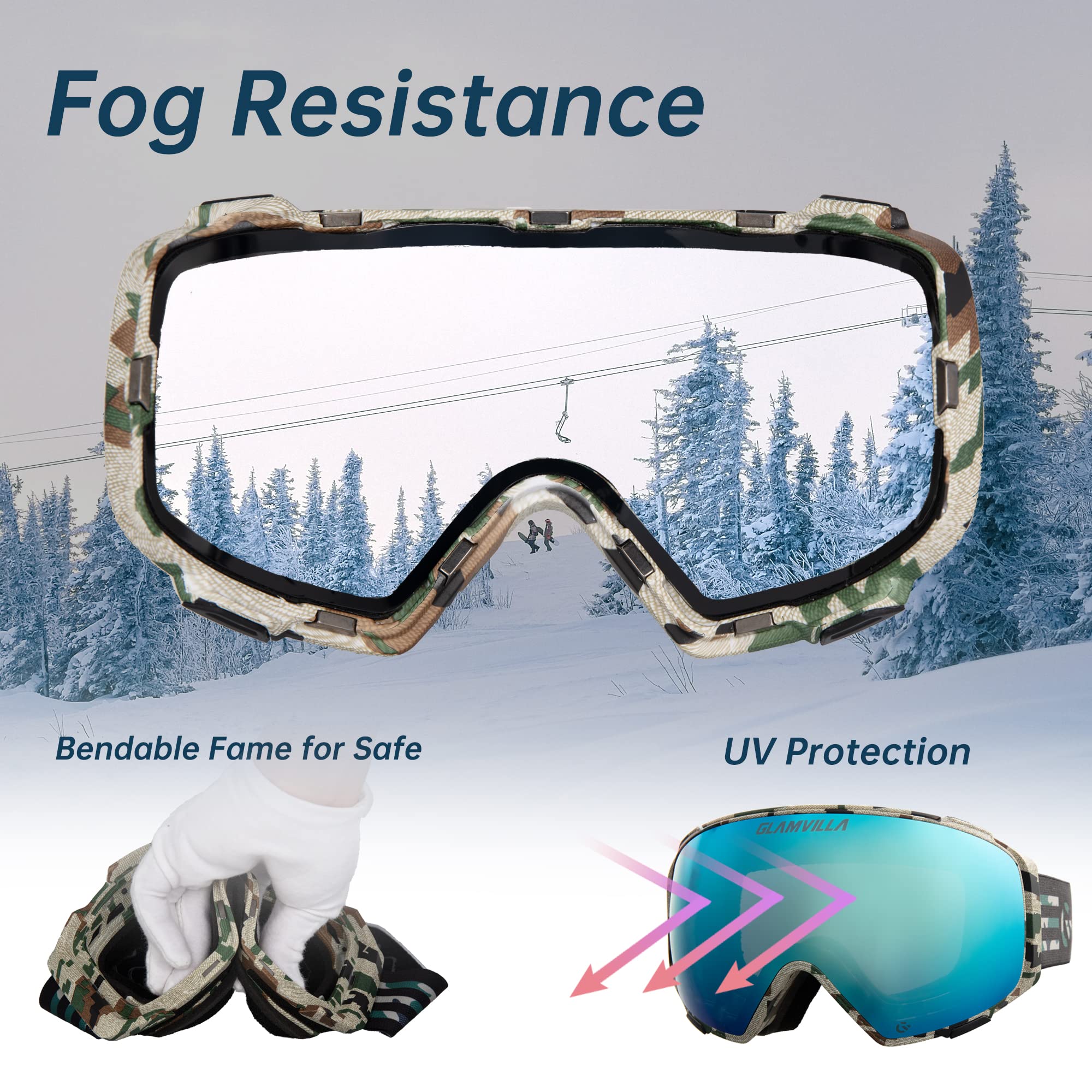 GLAMVILLA Ski Goggles Snow Goggles Snowboard Goggles for Women Man with 100% UV Protection (A1-Black vlt12.6%)