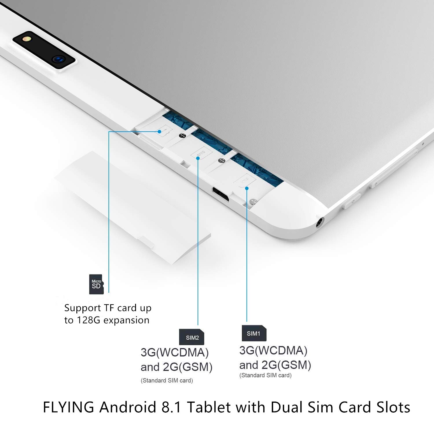 FLYINGTECH Android Tablet 10 Inch, 3G Phone Tablets with 16GB Storage, Dual SIM Card Slots, Quad-Core Processor, HD Touchscreen, WiFi, Bluetooth, GPS - Silver