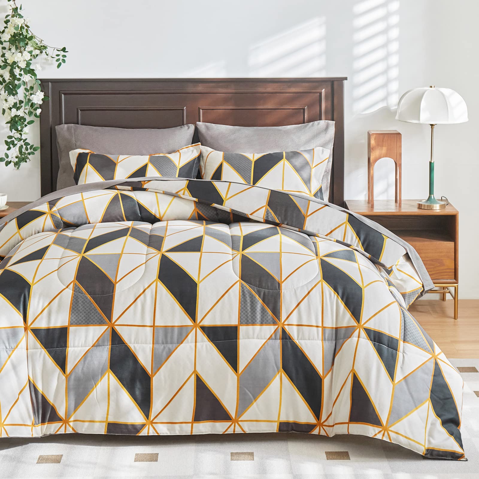 Flysheep Geometric Bed in a Bag 6-Pieces Twin for Kids, Gray Black Beige Rhombus n Triangles Printed Comforter Sheet Set (1 Comforter, 1 Flat Sheet, 1 Fitted Sheet, 2 Pillow Shams, 1 Pillowcase)