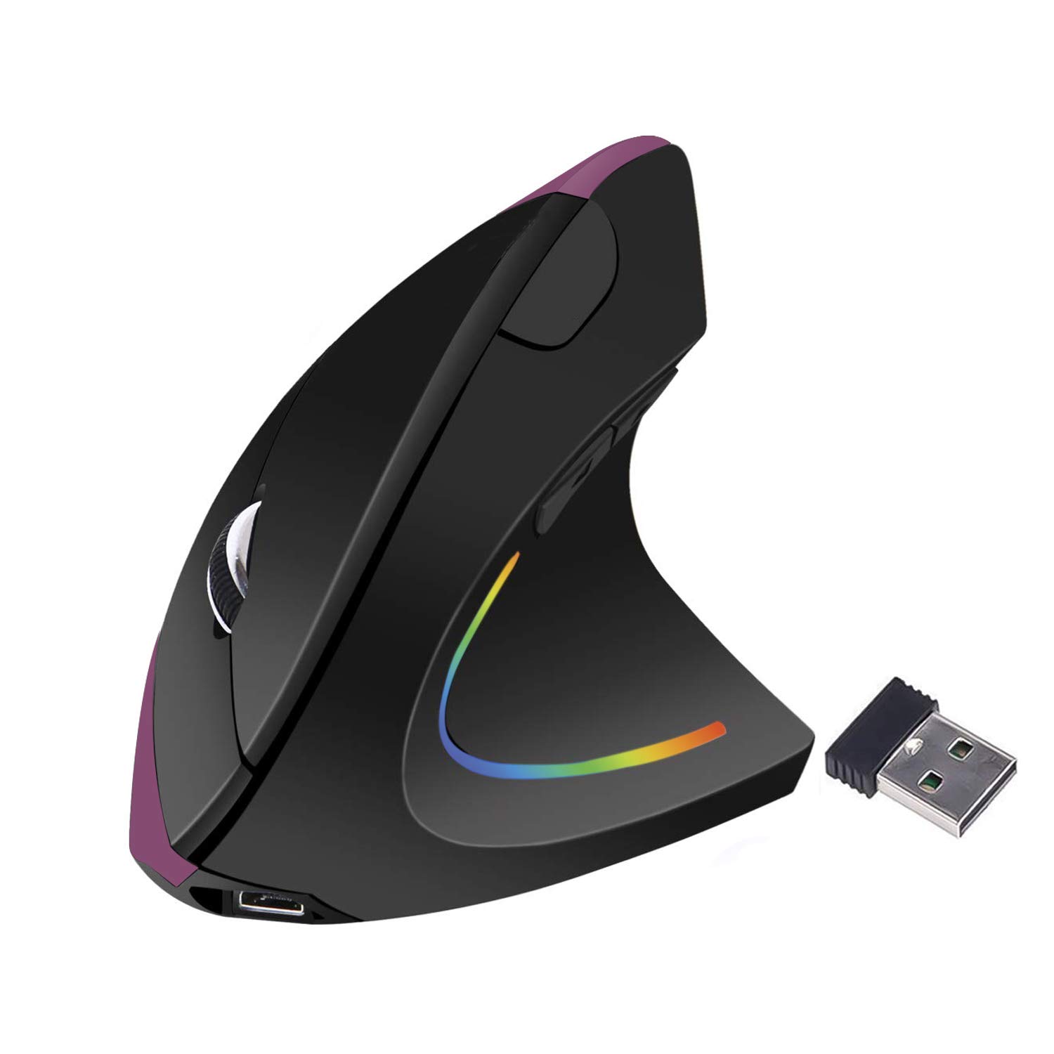 Funwaretech Wireless Ergonomic Mouse, 【Rechargeable】 2.4G Vertical Optical Mice,800/1200 /1600 DPI with 6 Buttons for Laptop,Desktop,PC, MacBook(Purple)