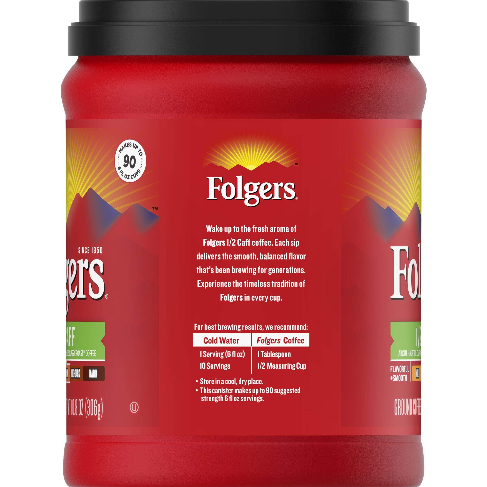 Folgers 1/2 Caff Medium Roast Ground Coffee, 10.8 Ounces