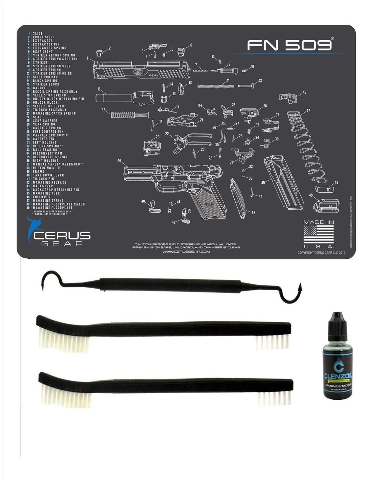 FN 509 5PC EDOG Cerus Gear Schematic (Exploded View) Heavy Duty Pistol Cleaning 12x17 Padded Gun-Work Surface Protector Mat Solvent & Oil Resistant & 3 PC Cleaning Essentials & Clenzoil