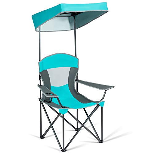Goplus Folding Canopy Chair, Outdoor Camping Chair w/Cup Holder and Carrying Bag for Beach Park Poolside Patio (Turquoise)