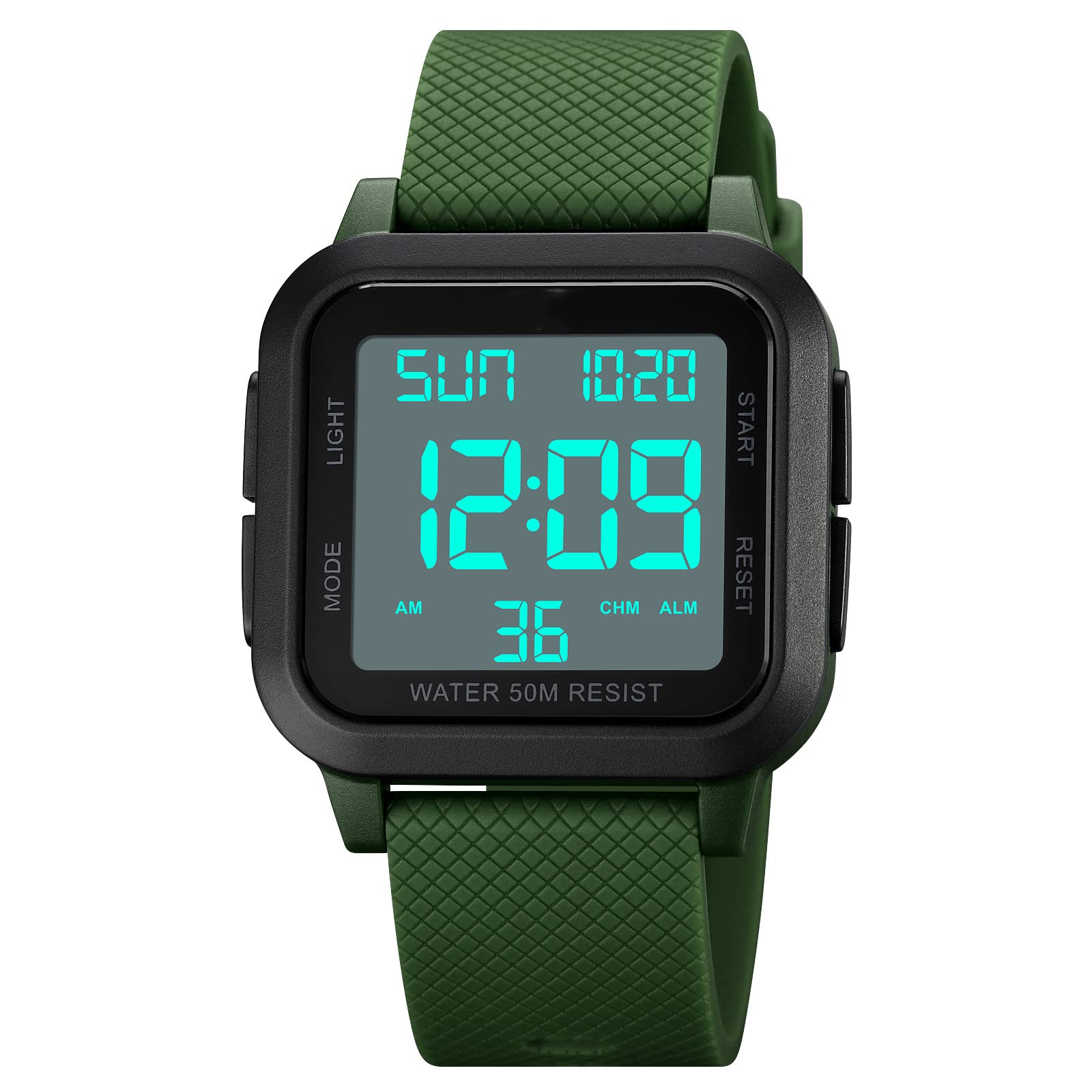 Forrader Mens Sport Digital Watches, Waterproof Outdoor Sport Watch with LED Backlight/Alarm/Countdown Timer/Dual Time/Stopwatch/12/24H Wrist Watches for Men Women Teenager, White/Green, strap