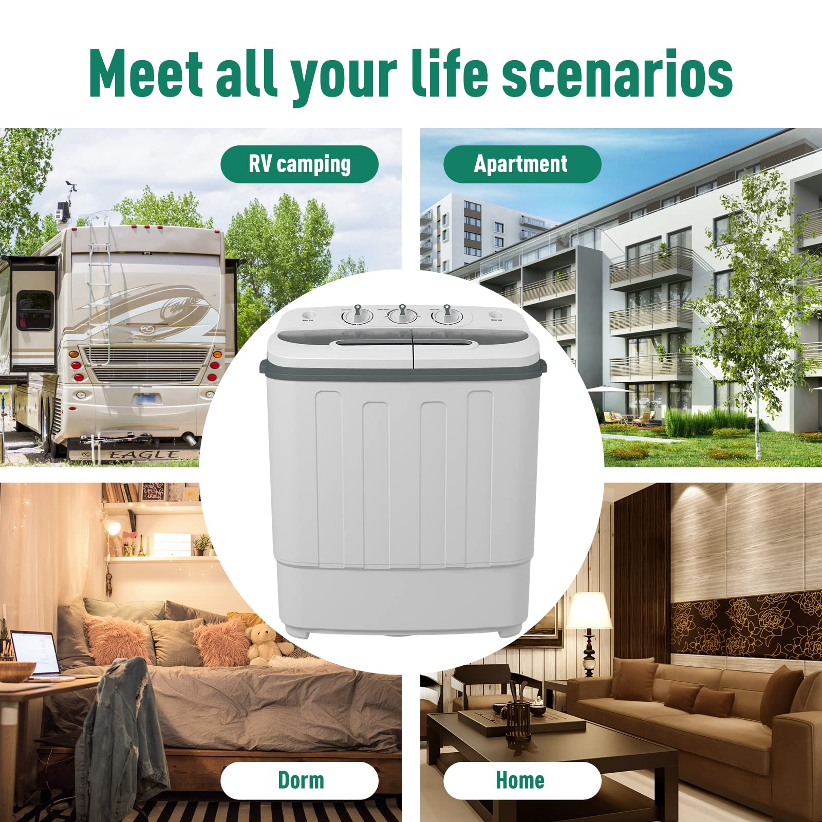 HIGOSPRO Portable Mini Washing Machine, 17 Lbs Capacity Washer and Spinner Combo, 2 in 1 Compact Twin Tub Laundry, Washer& Spinnerwith Built-in Gravity Drain Pump, Ideal for Apartmen, Dorms