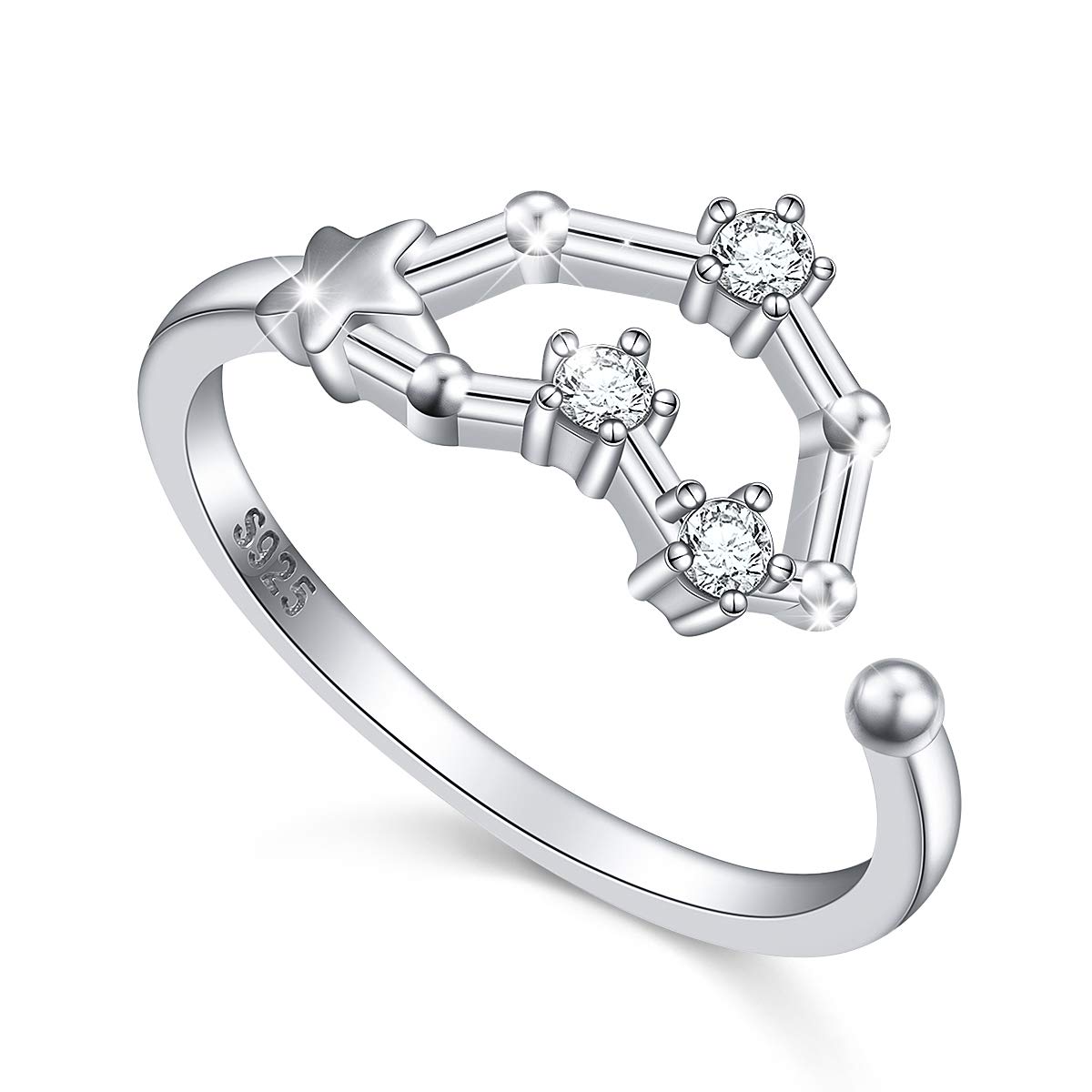 FLYOW 925 Sterling Silver CZ Constellation Astrology Star Zodiac Adjustable Open Capricorn Ring Birthday Gift for Women Girls Daughter, Size 7