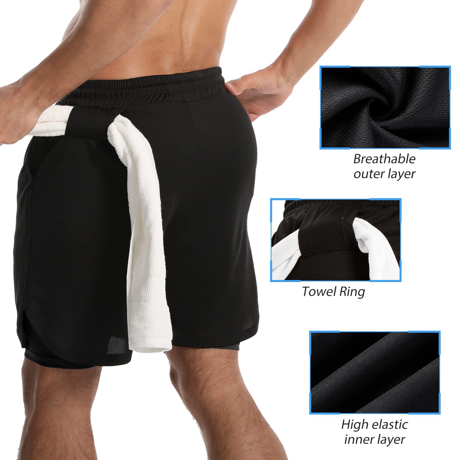 FLYEVEA Mens 2 in 1 Workout Running Shorts Athletic Yoga Gym 7" Short Clothes with Side Pockets Quick Dry Lightweight Training Shorts,Black Large