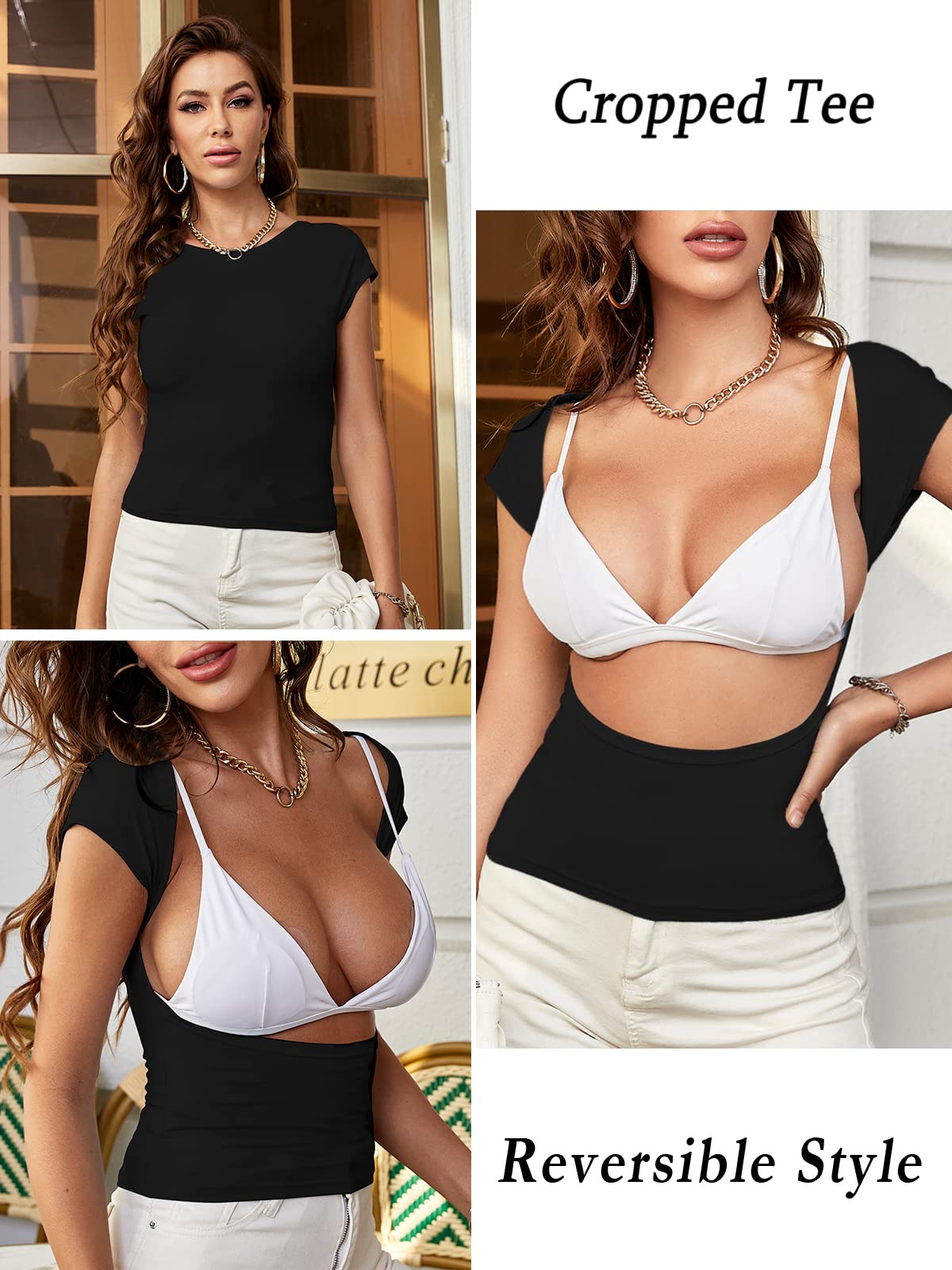 ForeFair Women Sexy Backless Top Open Back Short Sleeve Shirts Cute Slim Fit Crewneck Summer Casual Y2K Tops(Black,XS)
