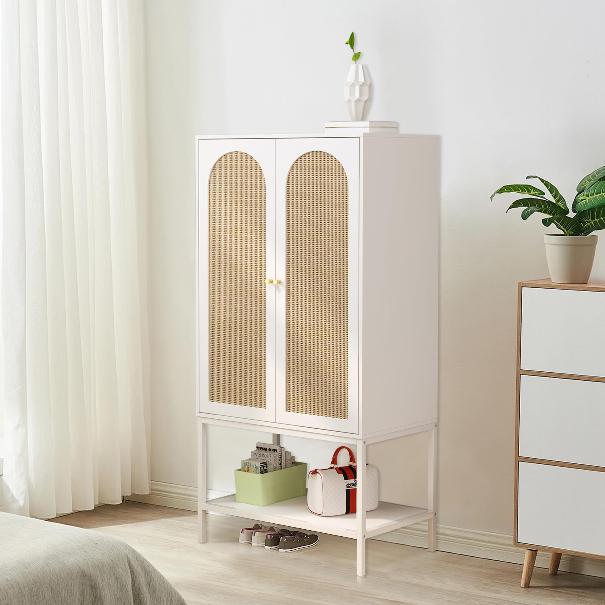 FOKWE Wardrobe Closet with 2 Doors, Rattan Wardrobe Cabinet with Shelves and Hanging Rail, Bedroom Independent Wardrobe Closet (White)